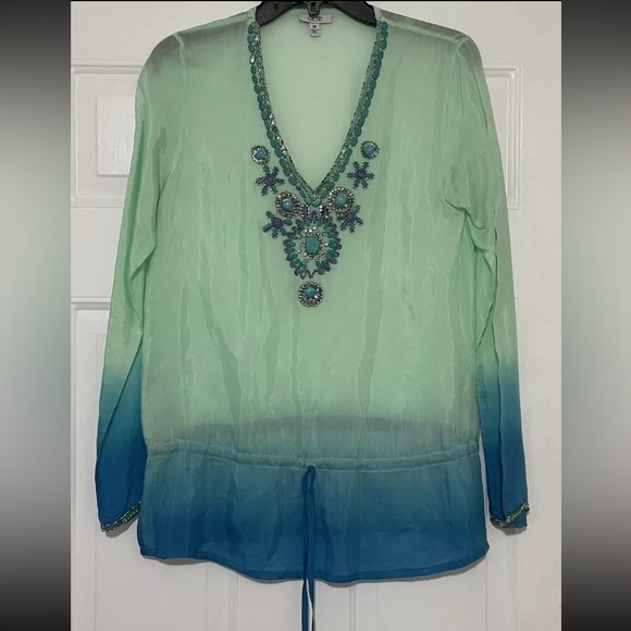 Cache | Tops | Cache Turquoise Beaded Ombr V Neck Sheer Top Cover Up ...